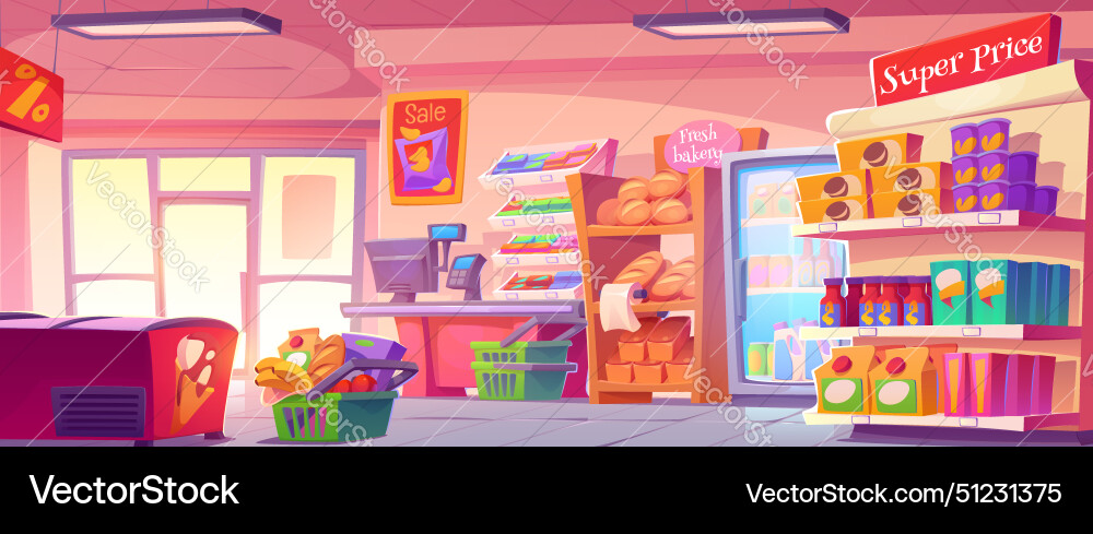 Grocery supermarket interior cartoon store inside Vector Image
