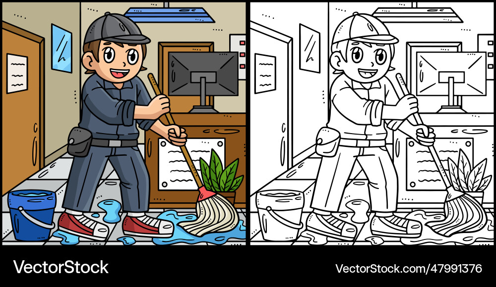 Labor day janitor cleaning coloring Royalty Free Vector