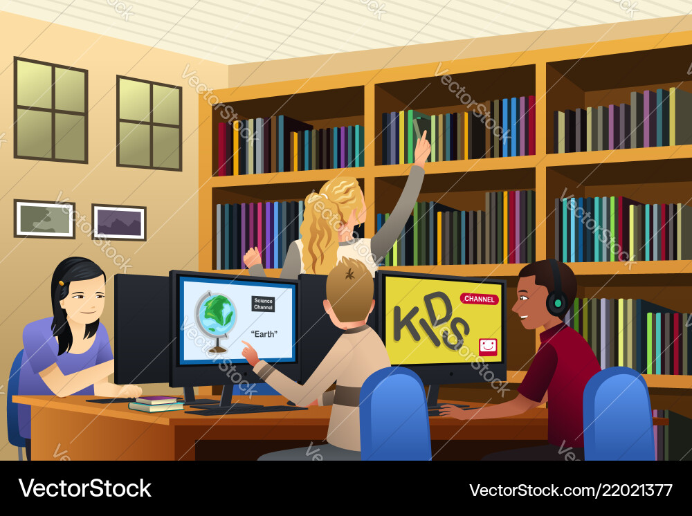 School kids using computers in the library Vector Image