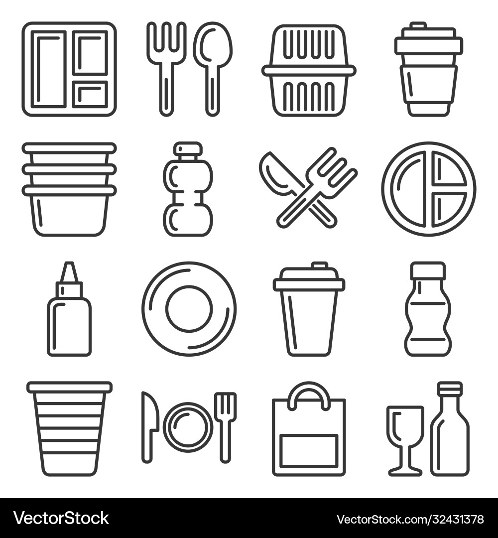 Plastic tableware and packaging icons set line Vector Image