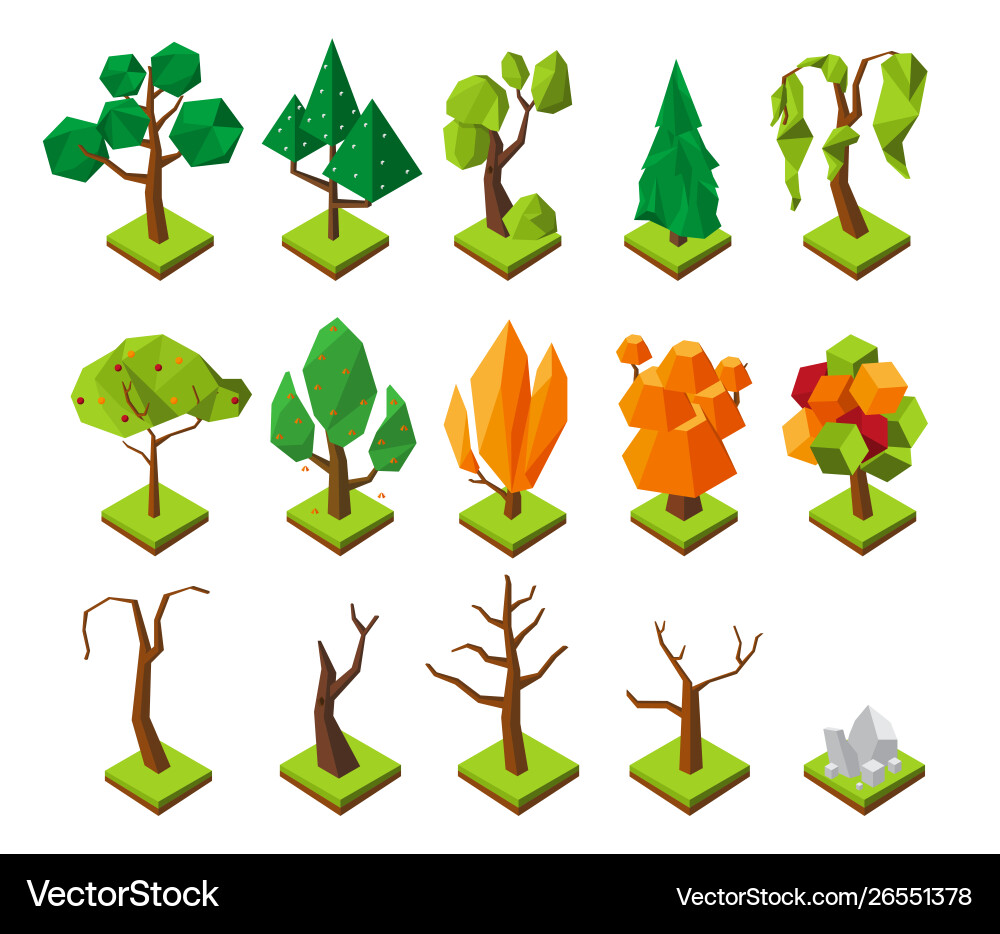 Polygonal isometric trees low poly Royalty Free Vector Image