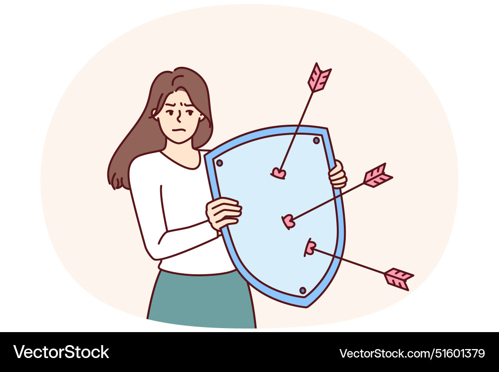 Disgruntled woman with shield defends herself from