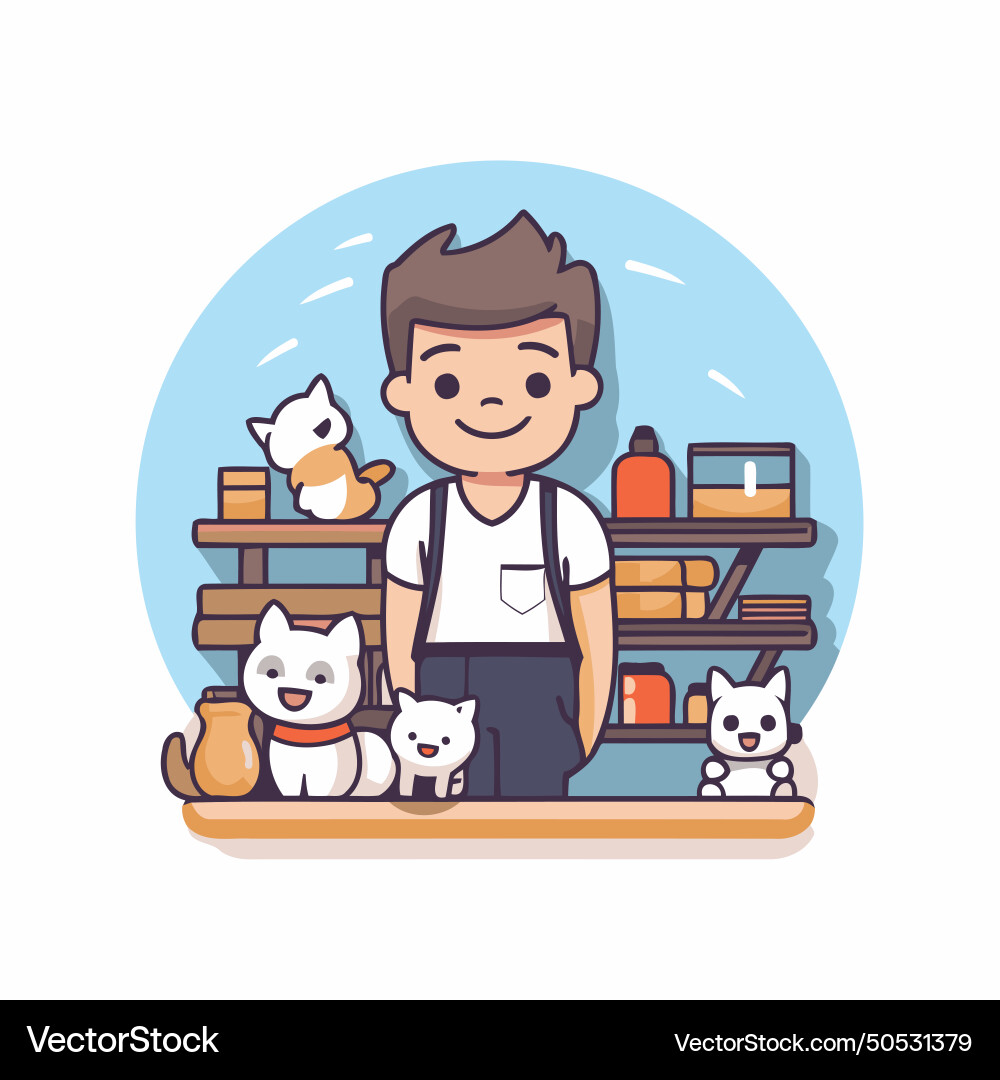 Man working with pets in pet shop care Royalty Free Vector