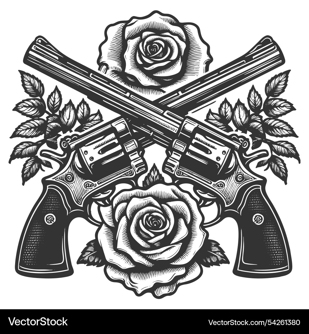 Crossed revolvers with roses engraving Royalty Free Vector