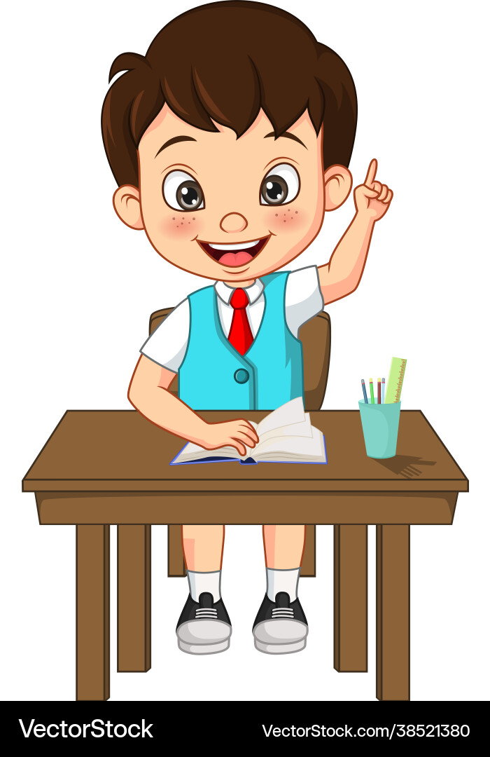 Happy cute little student boy raising his hand Vector Image