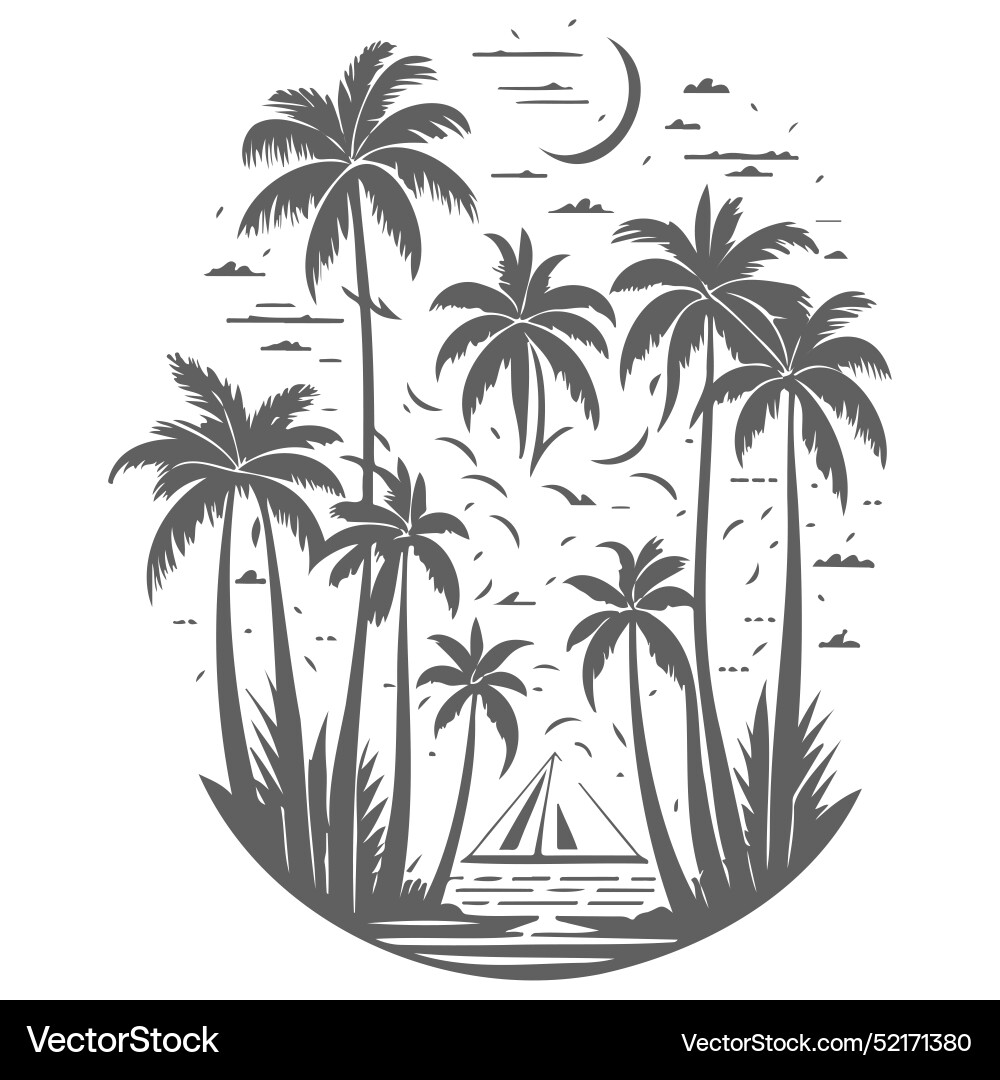 Sail and palm tree sketch grey Royalty Free Vector Image
