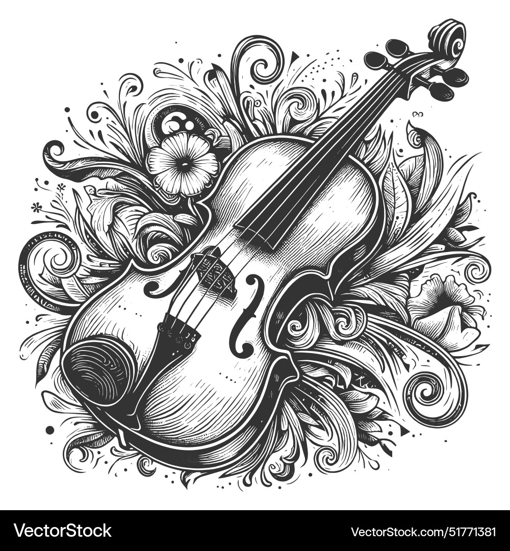 Ornate violin with floral design engraving Vector Image