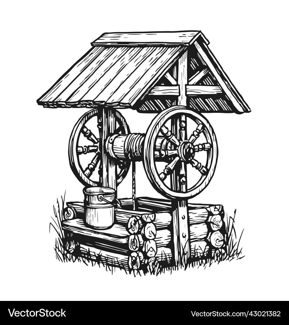 Rustic well with water hand drawn sketch vintage Vector Image