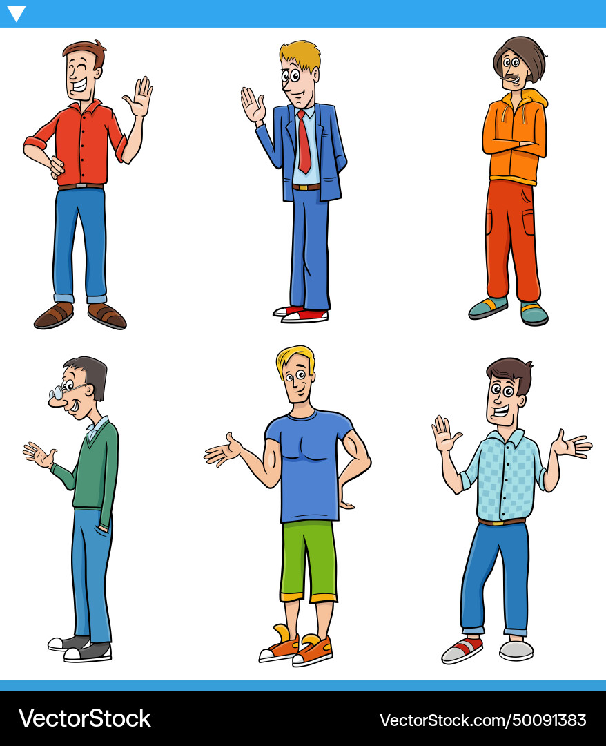 Cartoon funny young men comic characters set Vector Image