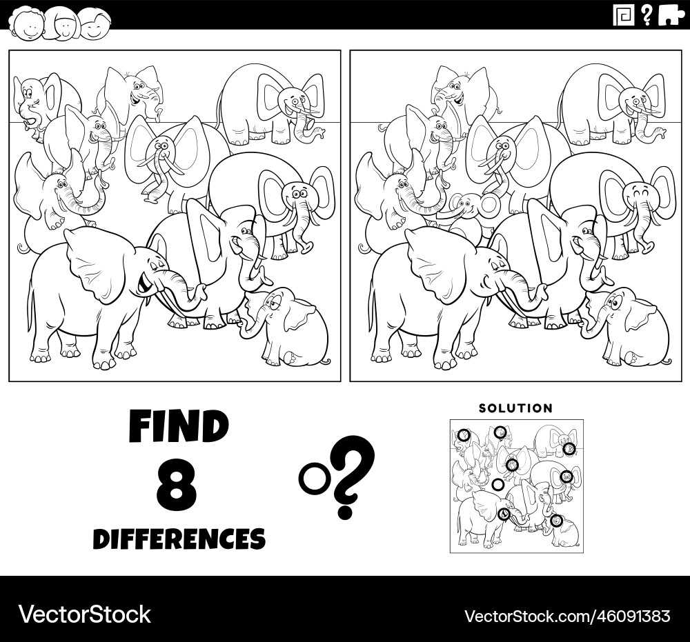 Differences game with cartoon elephants coloring Vector Image