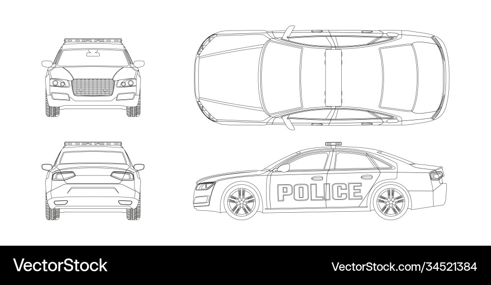Outline police car front side back views Vector Image
