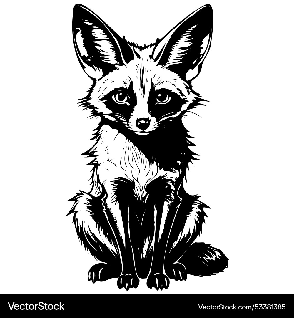 Drawing of bat-eared fox sitting realistic ink Vector Image
