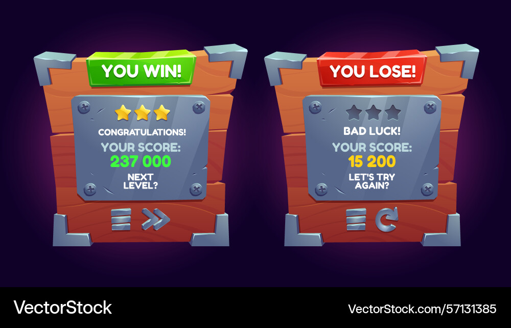 Win and lose ui game wooden screen design Vector Image