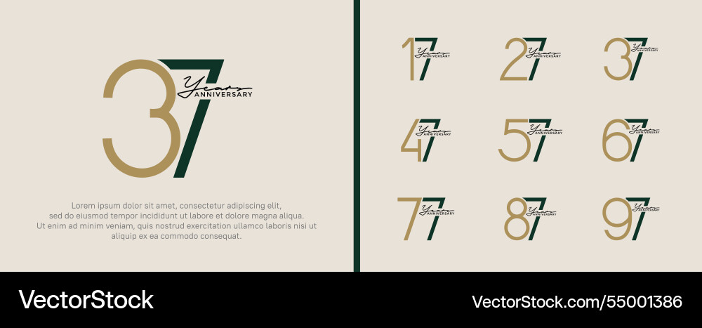 Anniversary Number Set - 17, 27, 37 Years Vector Image