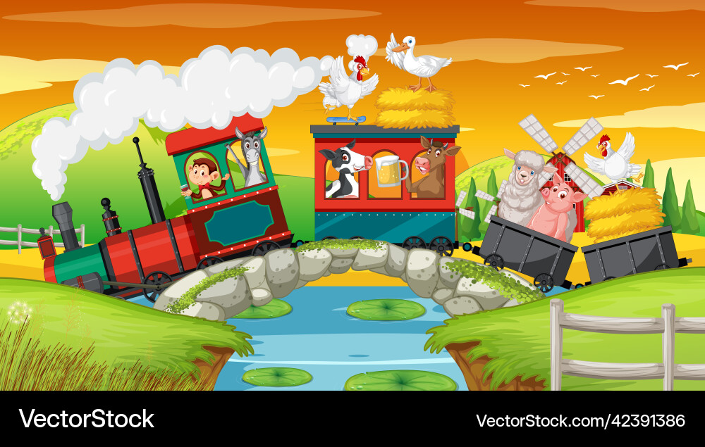 Many animals riding on train in countryside Vector Image