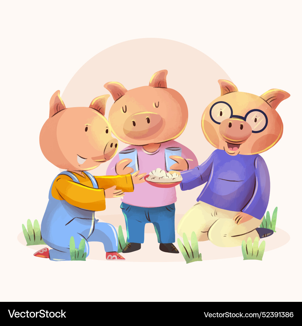Watercolor the three little pigs Royalty Free Vector Image