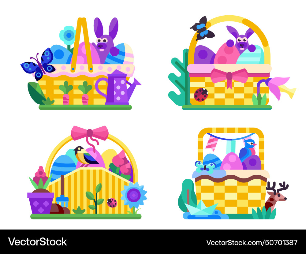 Spring easter baskets with bunnies and eggs Vector Image