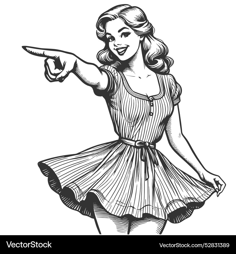 Smiling retro woman pointing to the side Vector Image