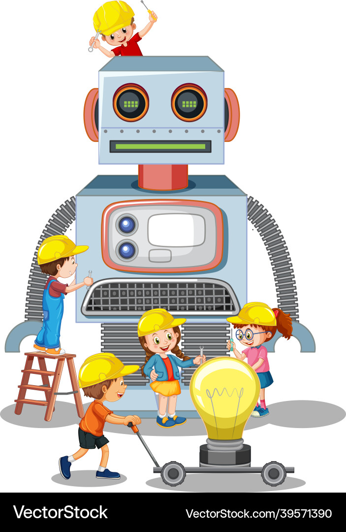 Children building robot together on white Vector Image