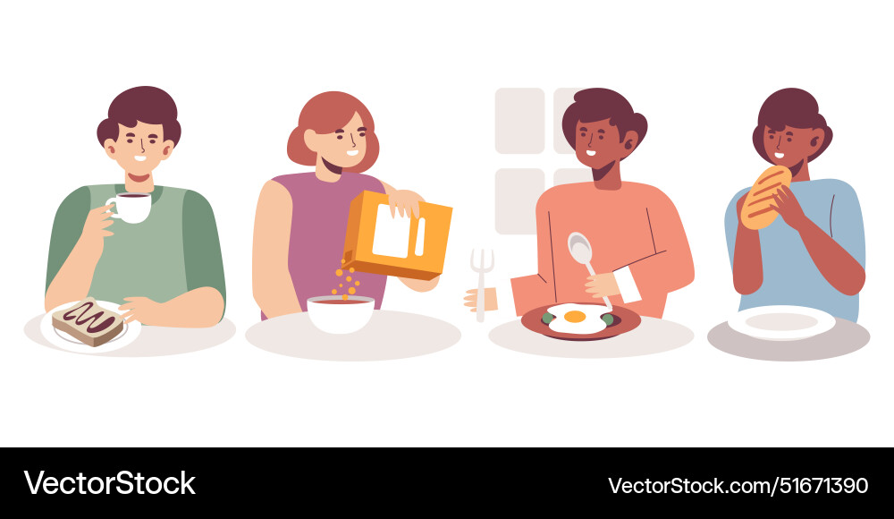 Cute cartoon modern characters eating Royalty Free Vector