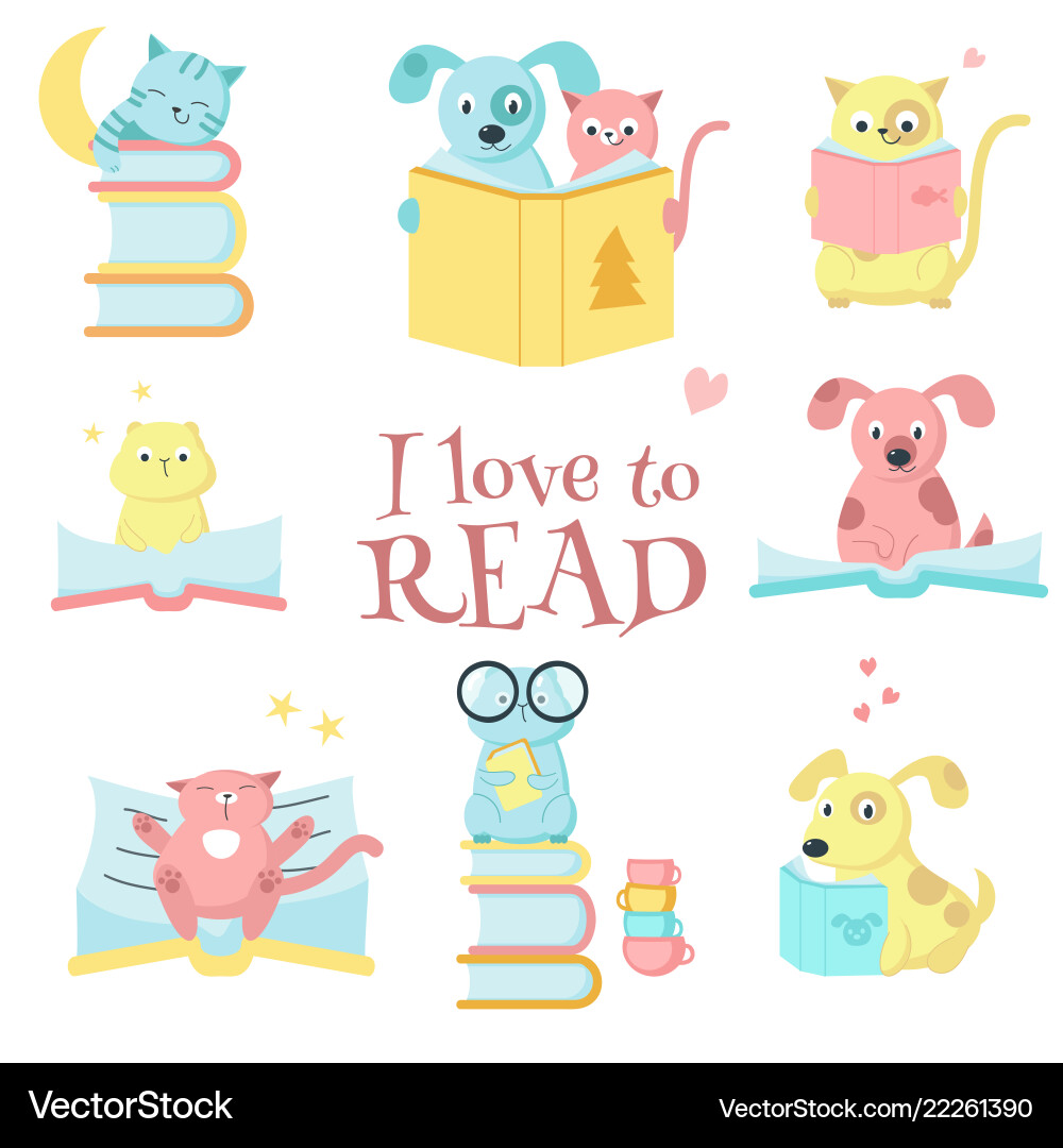Cute pet animals reading books icon set Royalty Free Vector