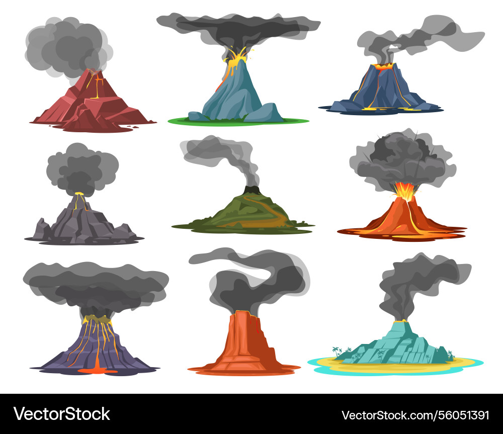 Active volcanoes eruptions lava fire smoke Vector Image