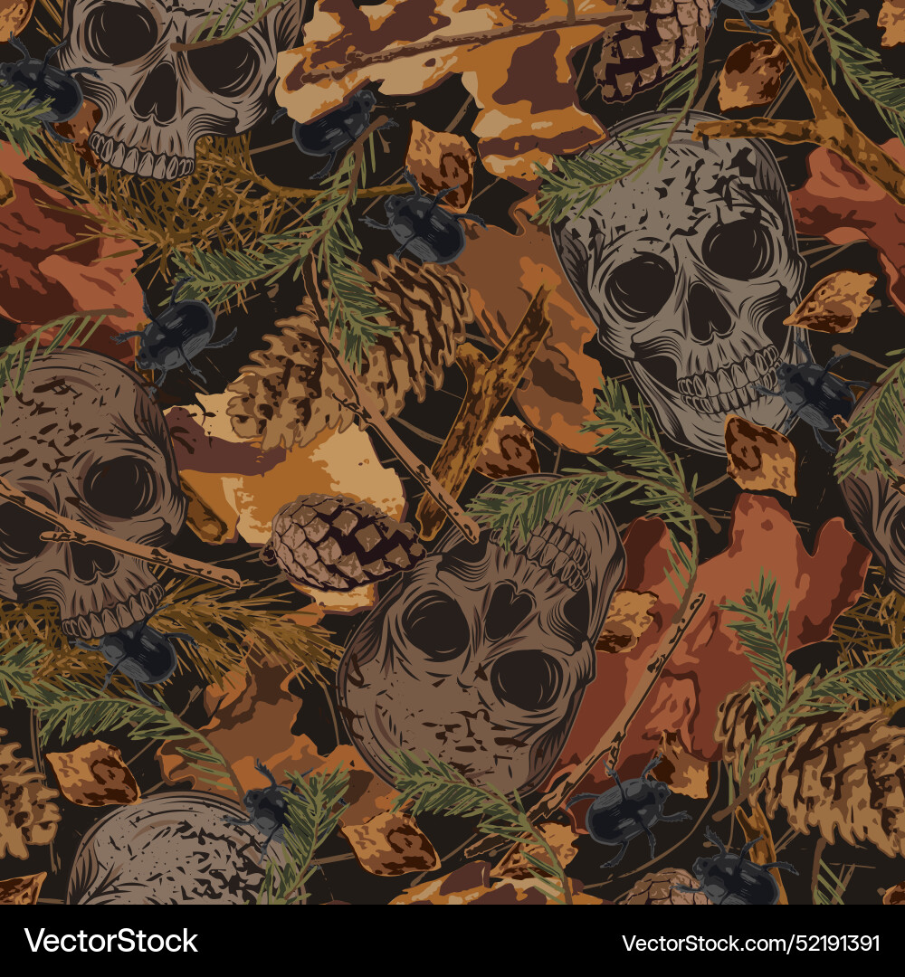 Camo pattern with forest nature elements skull Vector Image