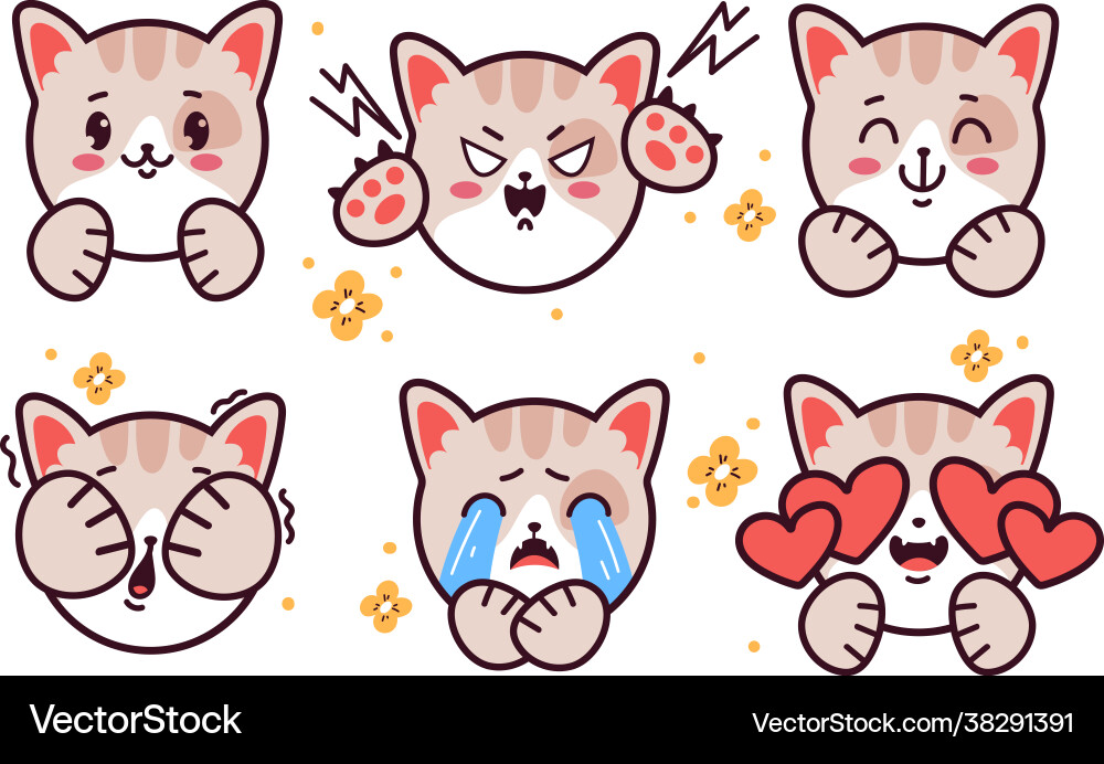 Set emoticons cute kitty cat emoji stickers Vector Image
