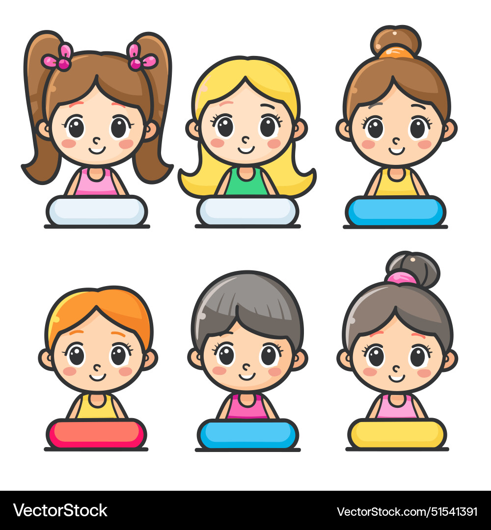 Six cute cartoon girls smiling different Vector Image