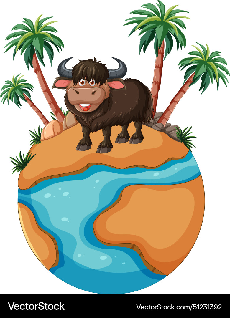 Cartoon yak on a small palm-covered planet Vector Image