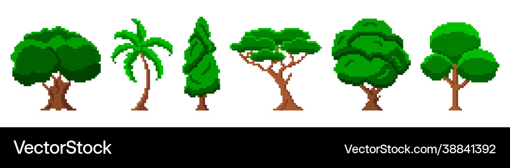 Green pixel trees in garden bulky solid oak Vector Image