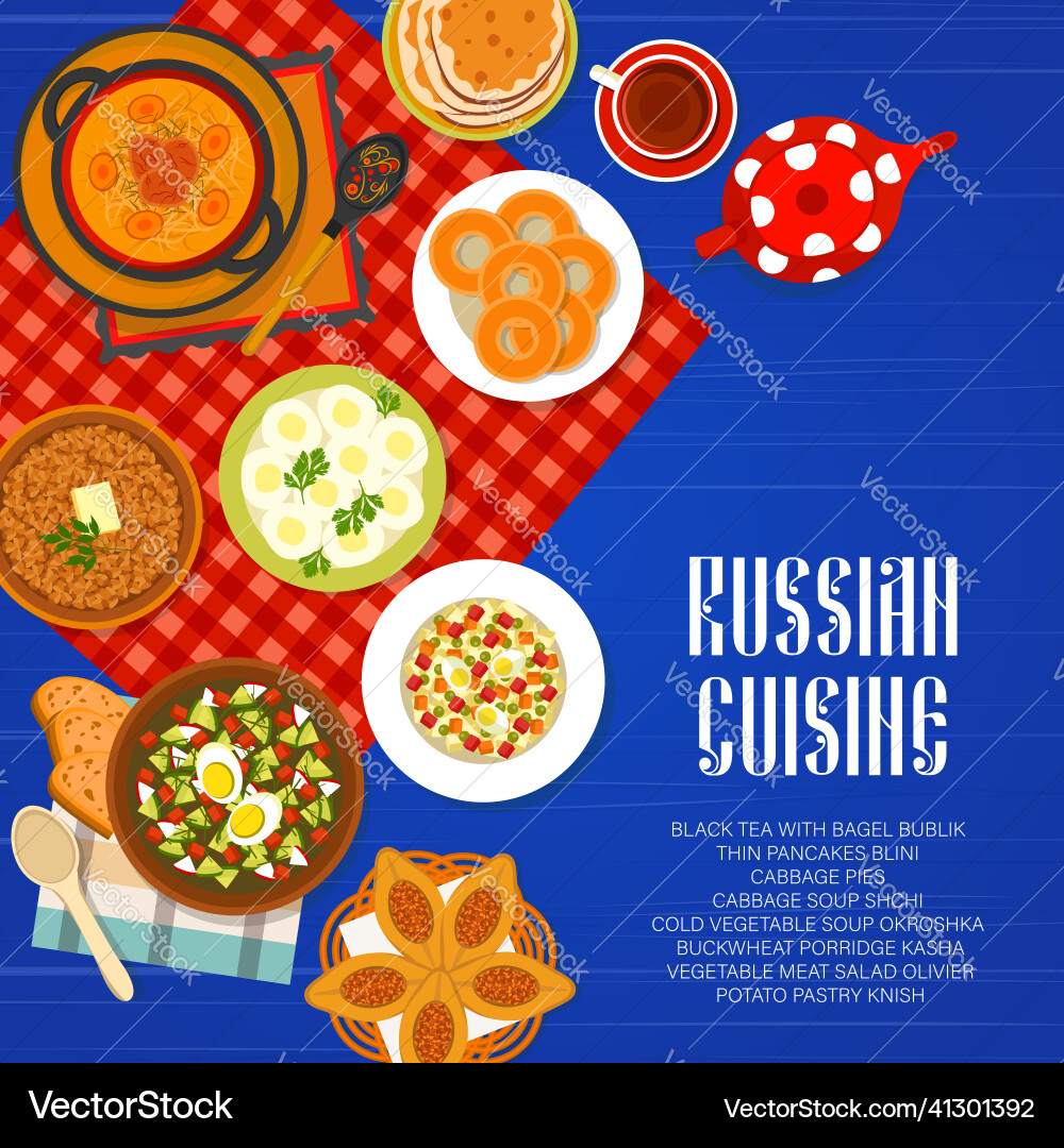 Russian cuisine menu cover lunch or dinner dishes Vector Image