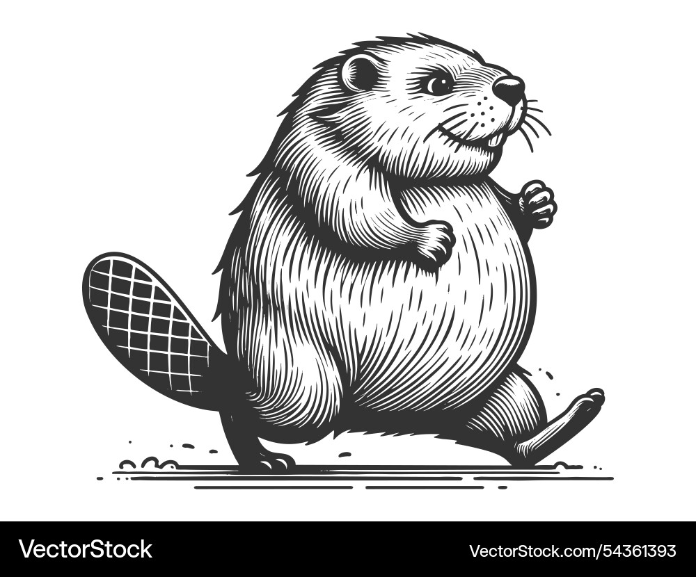 Cartoon beaver walking cheerfully engraving Vector Image