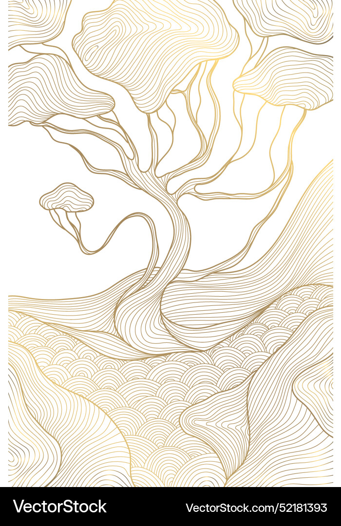 Gold on white japanese pattern line tree Vector Image