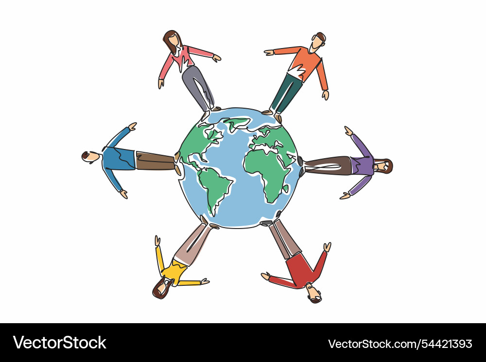 Single one line drawing six people standing Vector Image