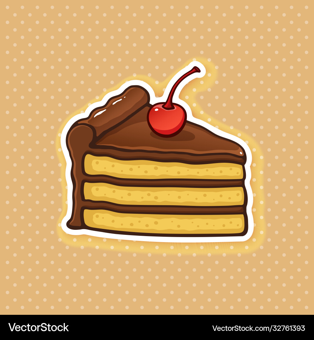 Sticker piece cake chocolate cream and cherry Vector Image