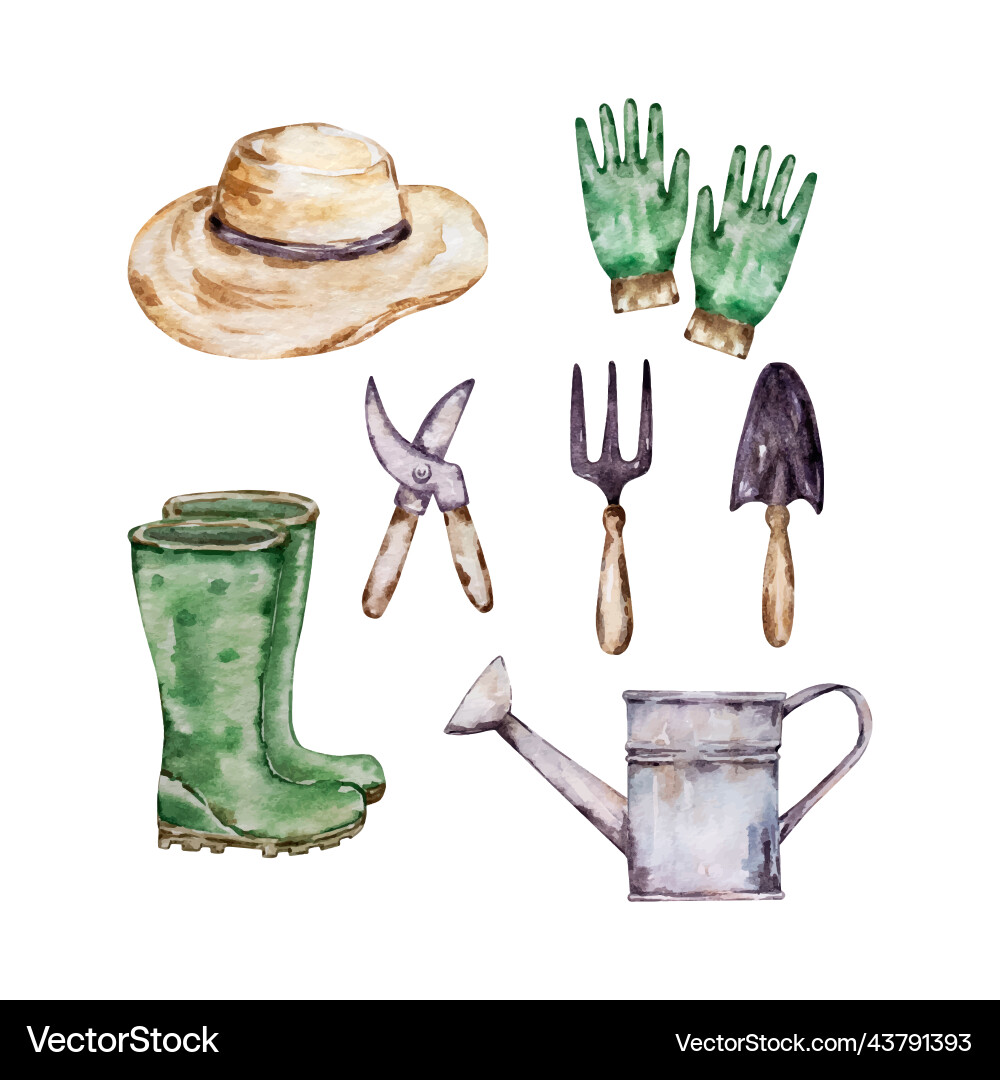Watercolor set of gardening tools watering can Vector Image