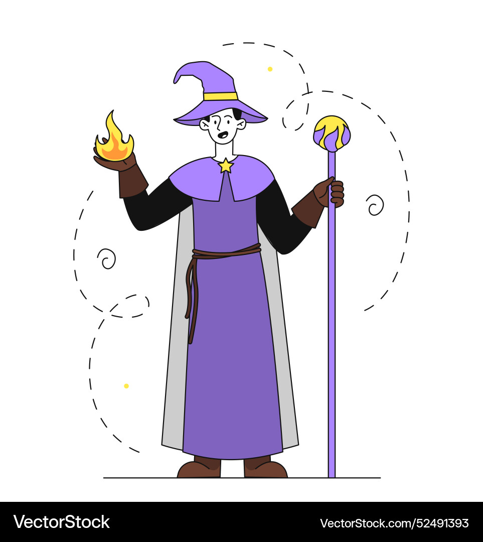 Wizard with fire man in purple robe Royalty Free Vector