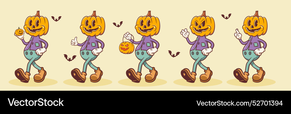 Halloween groovy pumpkin retro characters set Vector Image