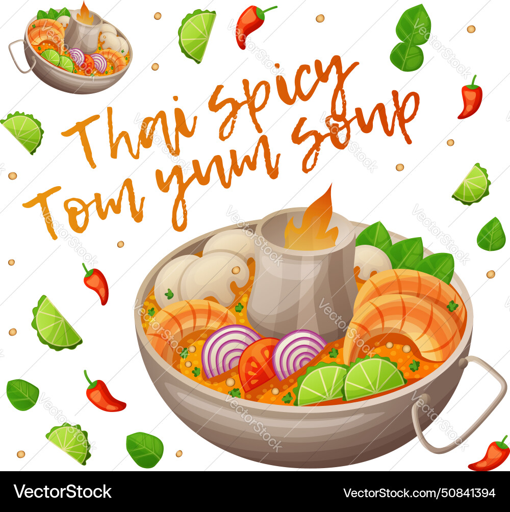 Hot tom yum soup icon with ingredients Royalty Free Vector