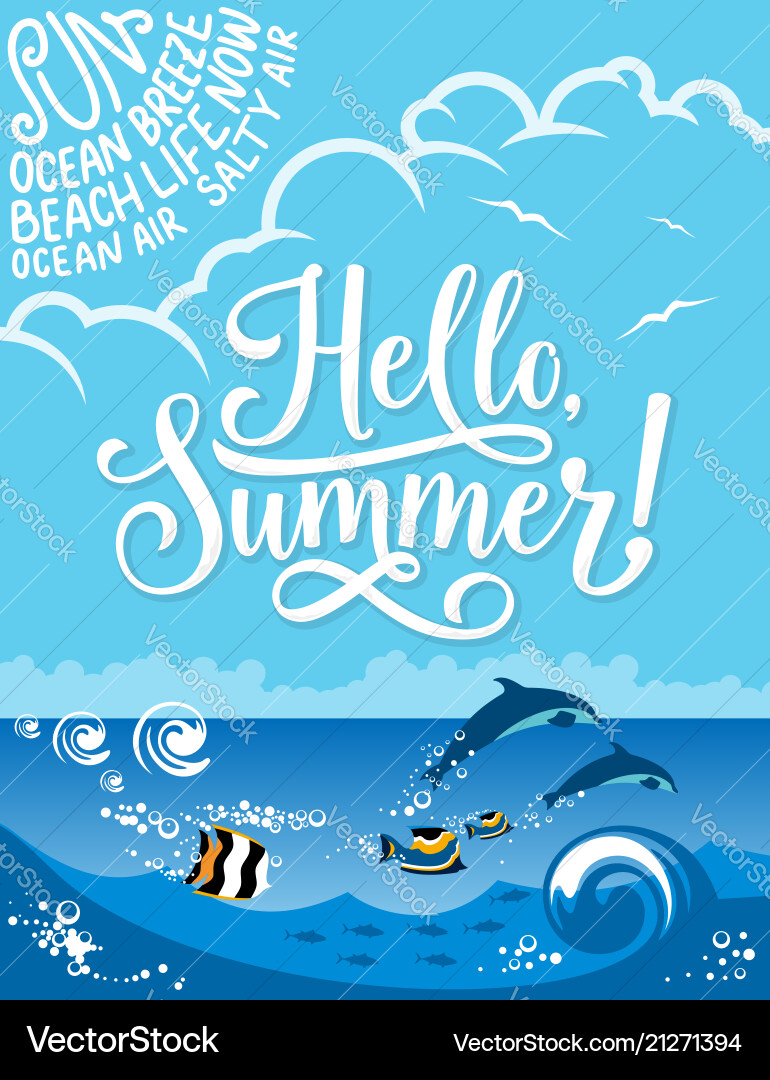 Summer Ocean Banner - Tropical Fish & Dolphin Vector Image