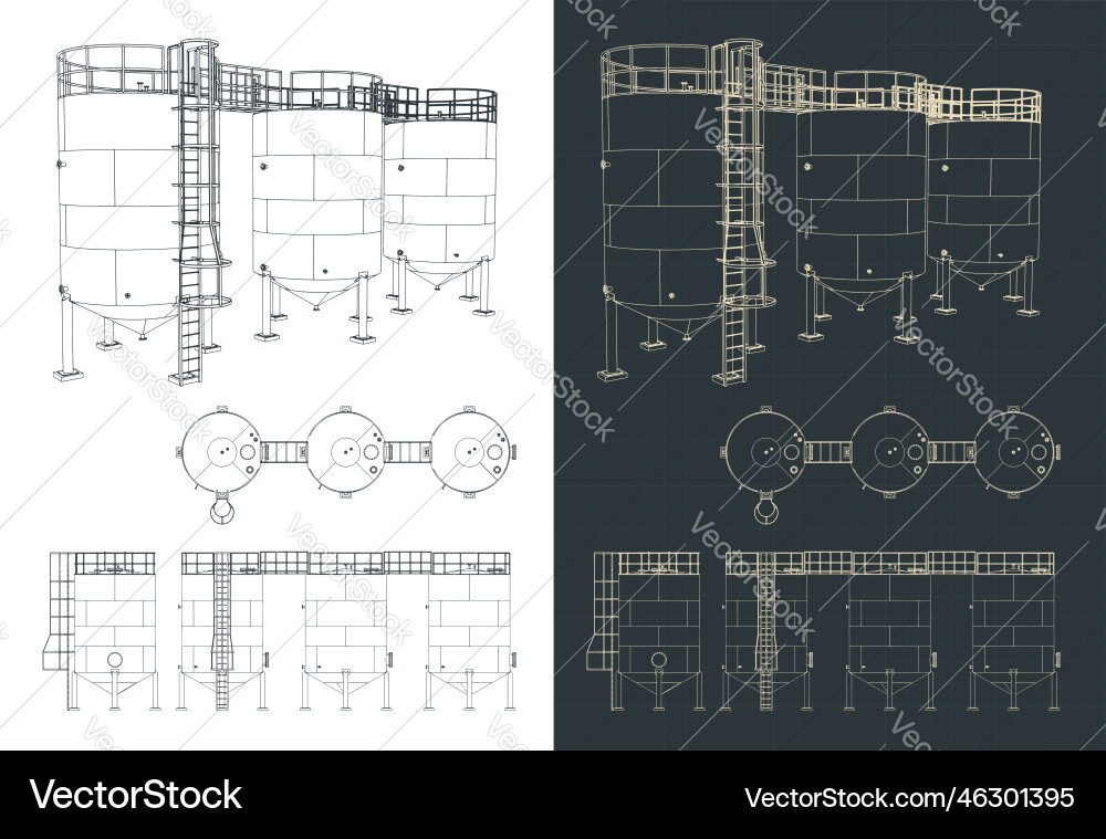 Fermentation stainless steel tanks blueprints Vector Image