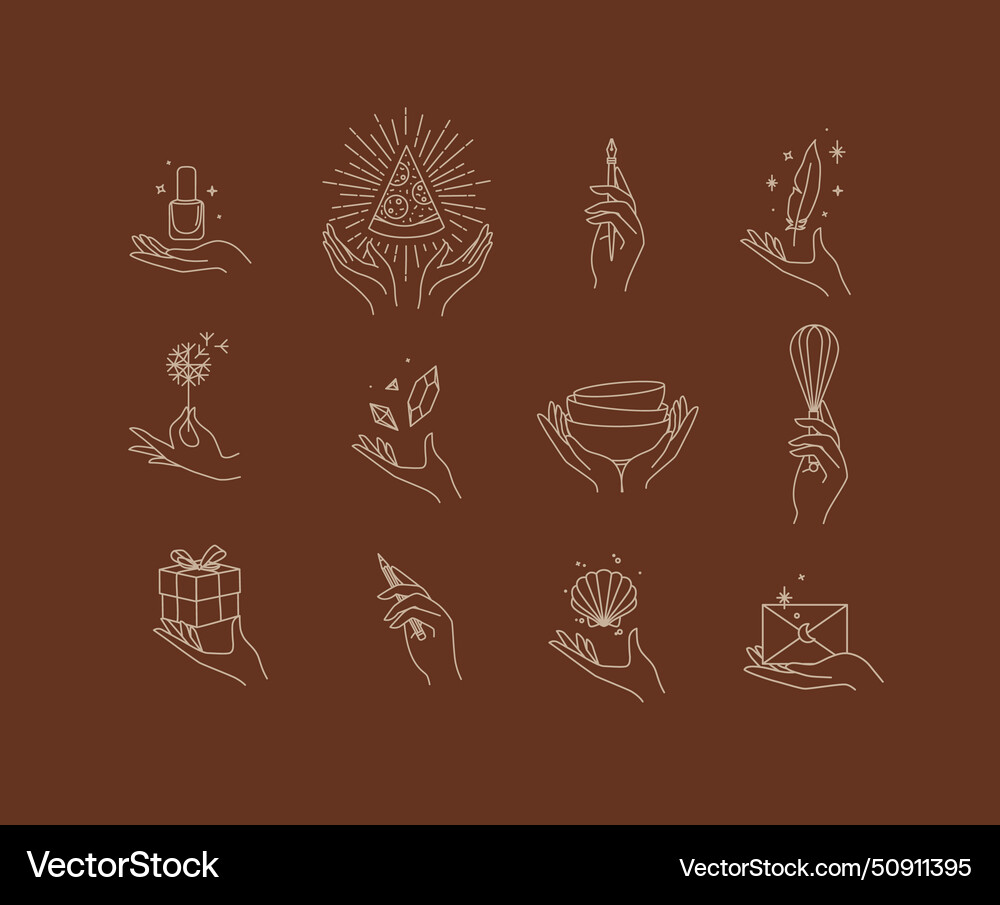 Hands with elements icon set brown Royalty Free Vector Image