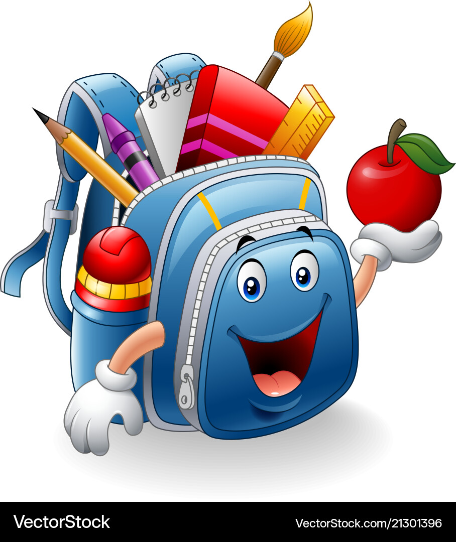 Cartoon school bag holding red apple Royalty Free Vector