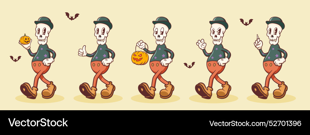 Halloween groovy skeleton retro characters set Vector Image