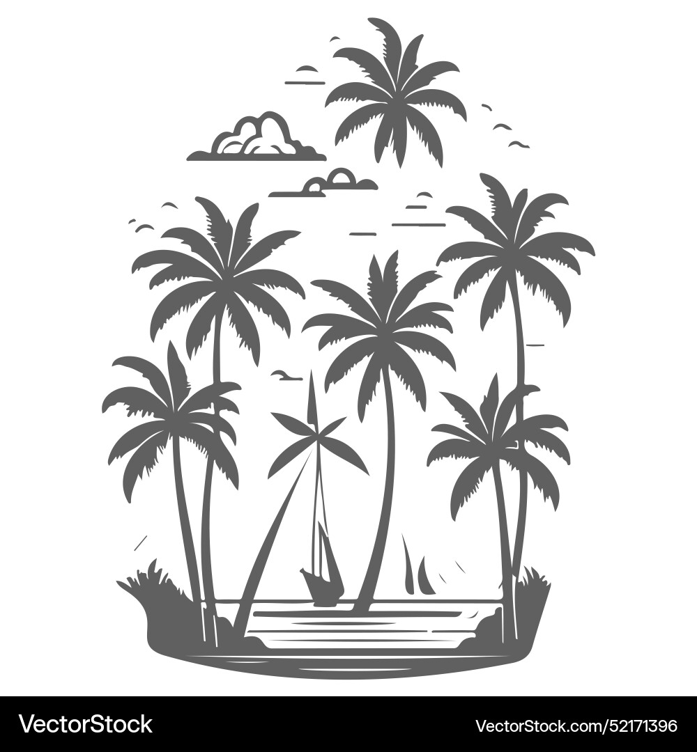 Sail and palm tree sketch grey Royalty Free Vector Image