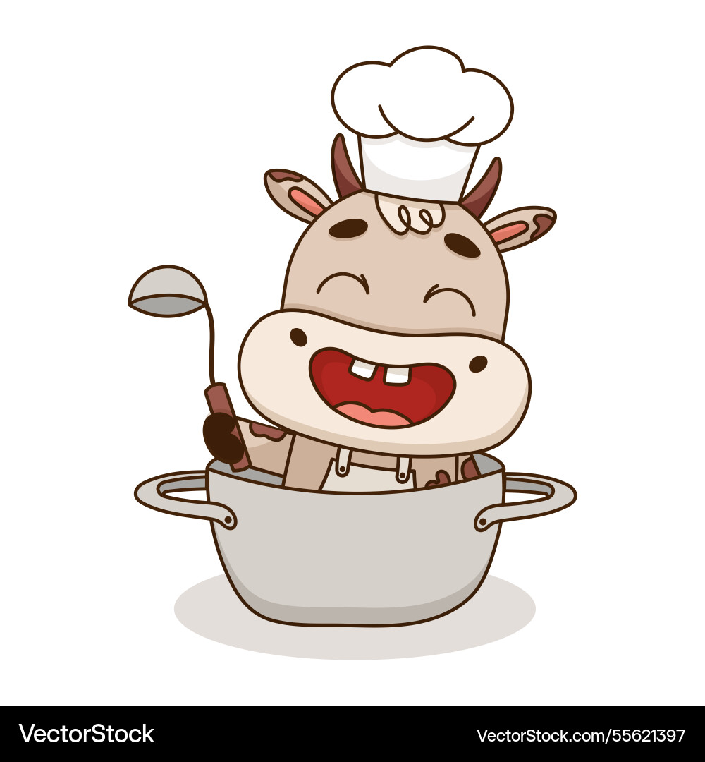 Cute baby chef cow preparing pancake Royalty Free Vector