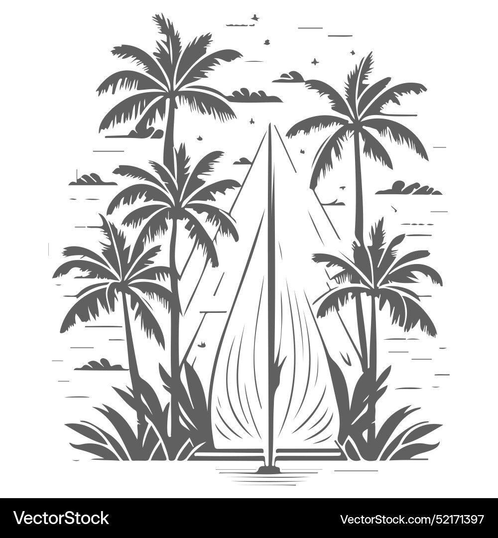 Sail and palm tree sketch grey Royalty Free Vector Image