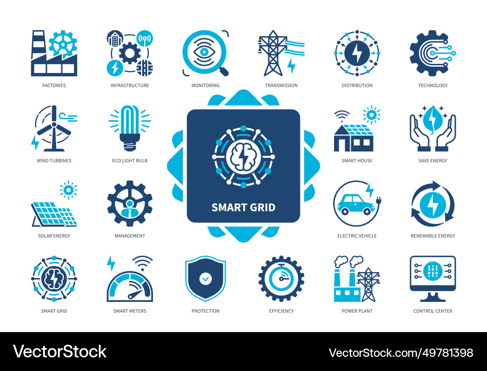 Smart grid solid icon set Royalty Free Vector Image