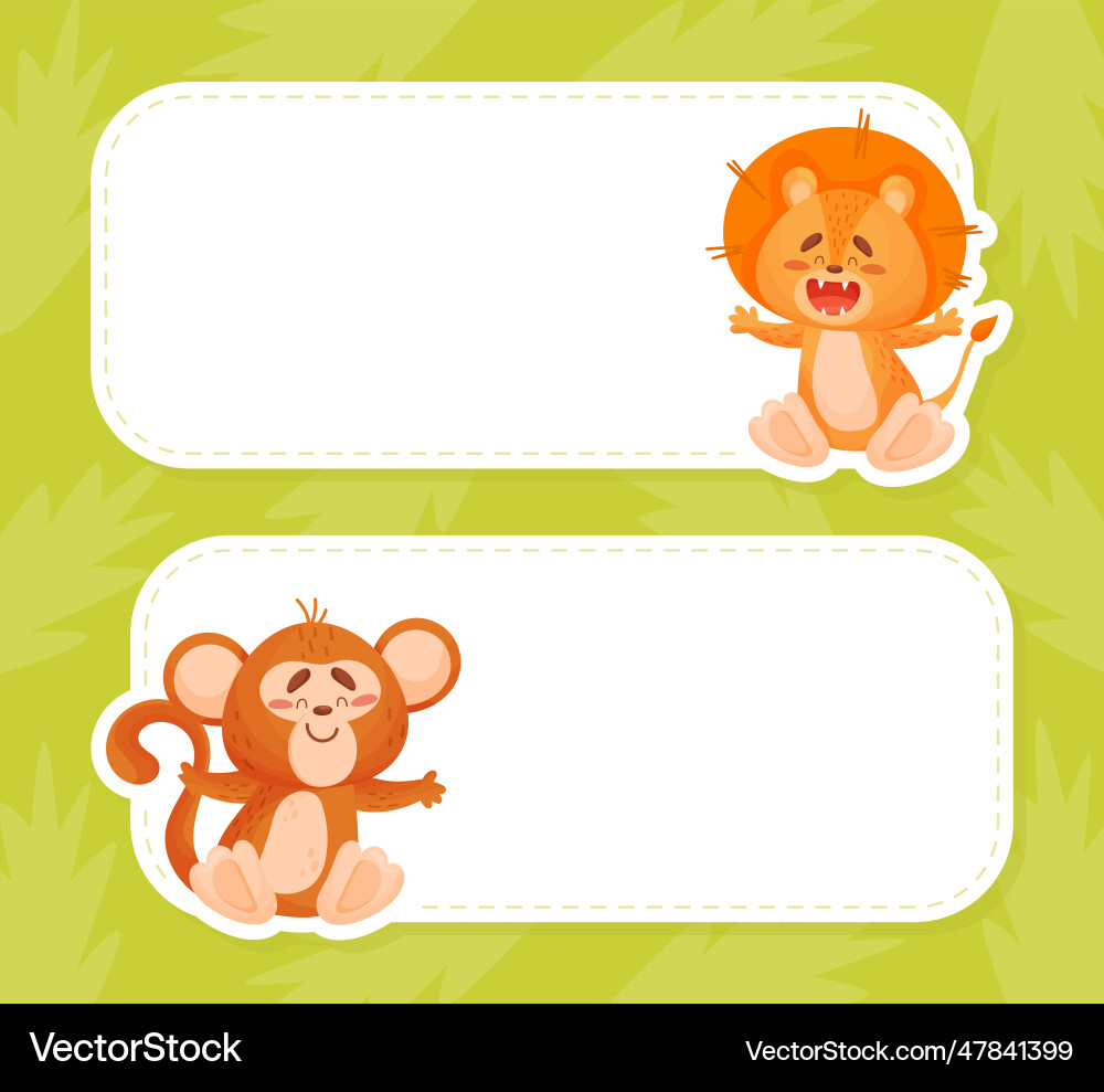 Cute lion and monkey animal empty card Royalty Free Vector